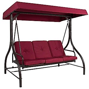 Best Choice Products 3-Seat Outdoor Large Converting Canopy Swing Glider, Patio Hammock Lounge Chair for Porch, Backyard w/Flatbed, Adjustable Shade, Removable Cushions - Burgundy