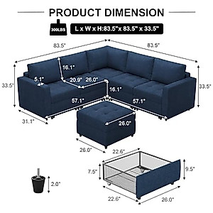Belffin Oversized Modular Sectional Sofa Fabric L Shape Pull Out Couch with Ottoman Sleeper Sectional Couch with Chaise and Storage Sectional Set 6 Seater Sofa Reversible Sofa for Living Room Blue