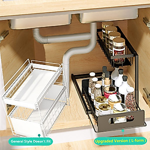 Under Sink Organizer Kitchen Storage L Shape Metal, 2 Tier Cabinet Bathroom Organizion with Pull Out Sliding Drawers, Multi-Use Countertop Storage Shelf, Under Rack for Kitchen, Office, Black