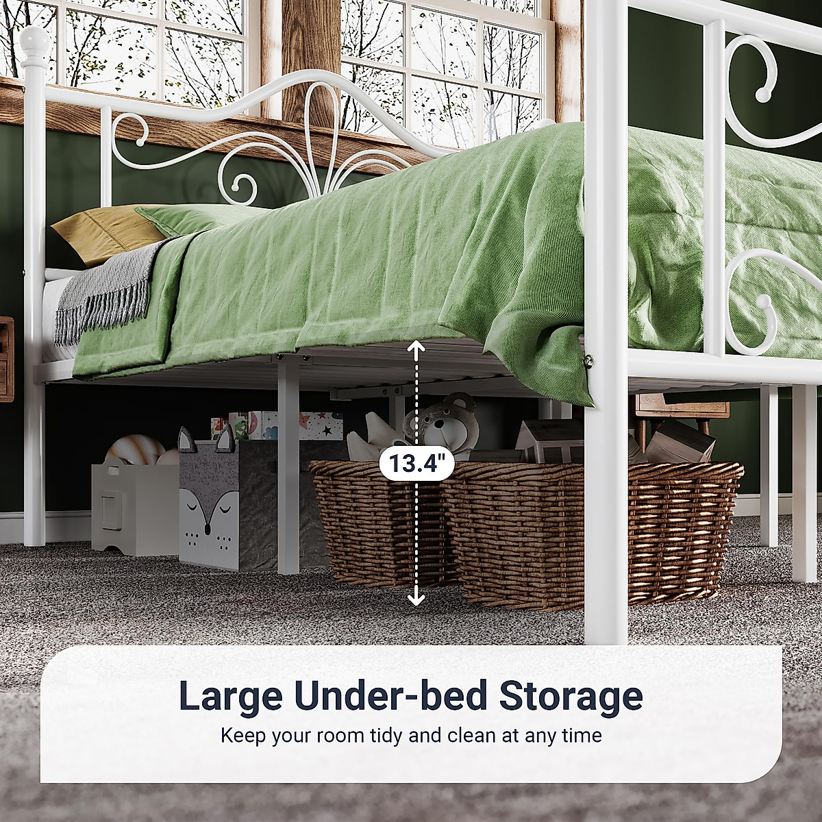 Allewie Full Size Bed Frame with Headboard,Metal Bed Frame with Butterfly Pattern Design Headboard & Footboard,No Box Spring Needed,Easy Assembly,White