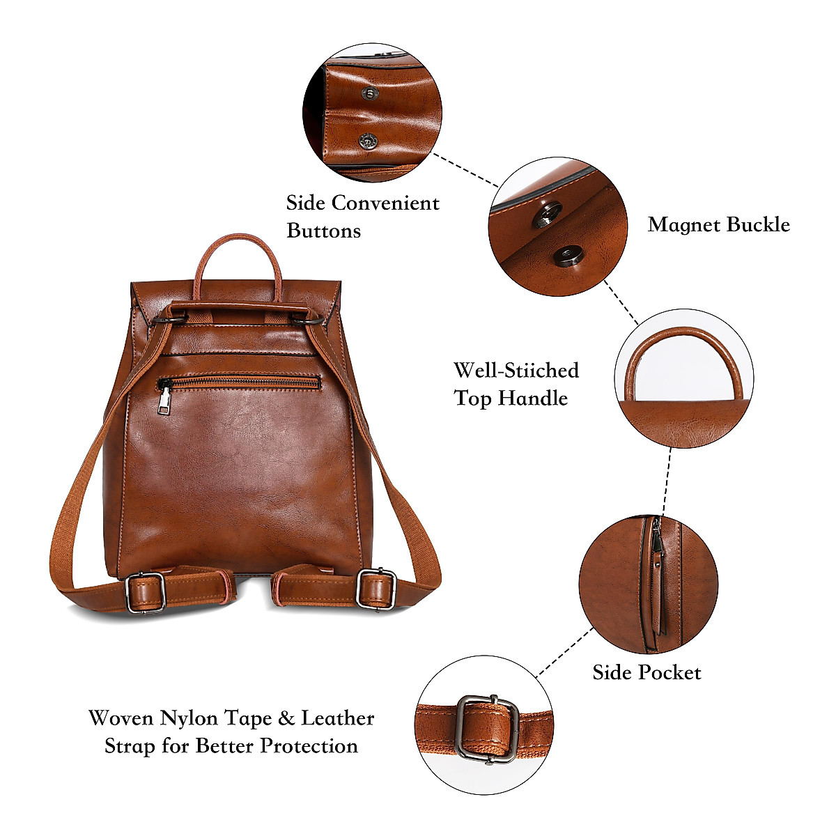 Iswee Vintage Waxy Leather Ladies Backpack Purses for Women Backpack Style Anti-theft Casual Daypack Shoulder Bag Fashion Bag (Brown)