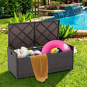Tangkula 34 Gallon Outdoor Storage Bench with Seat Cushion, Patio Mix Brown Wicker Deck Box with Waterproof Liner and Side Handles, Outdoor Storage Bench for Cushions, Garden Tools, Pool Accessories
