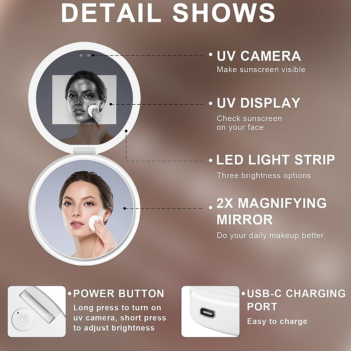 Hansong Compact Mirror with UV Camera Visualize Facial Sunscreen, 2X Magnification Travel Makeup Mirror Handheld 2-Sided Pocket Mirror, 3.5in Folding Travel Mirror