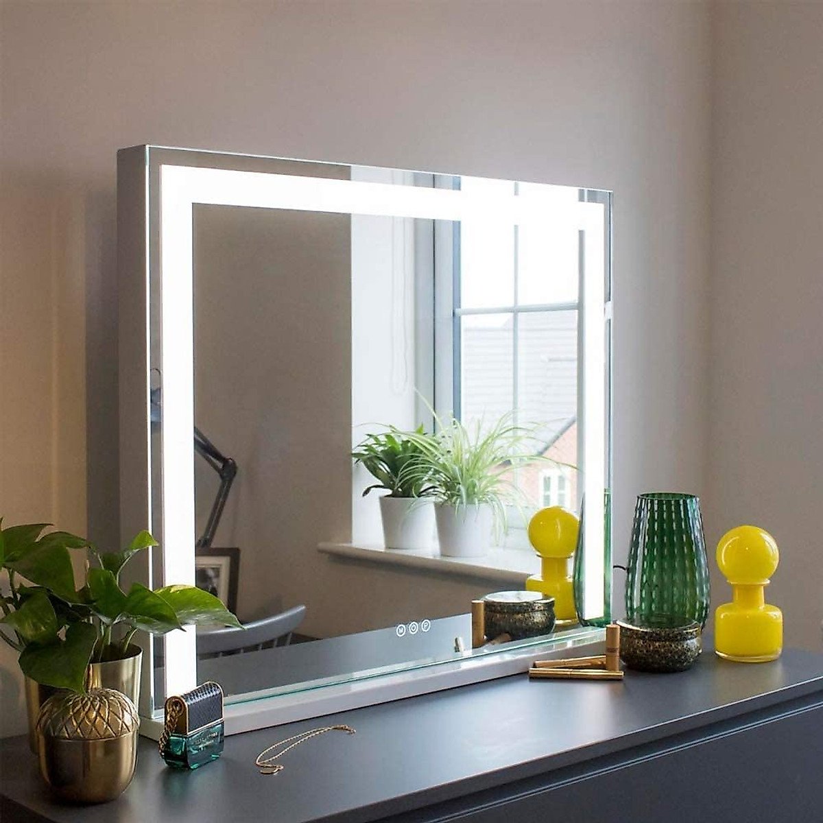 HOMPEN Makeup Mirror with Lights, Lighted Vanity Mirror, Table Top Lighted Beauty Mirror, Dimmable LED Light Strips, Hollywood Style Mirror