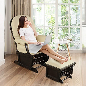 Enjoy Relaxing Home, Office, Sofa Recliner Deluxe Ergonomic Rocking Chair Lounge Glider Ottoman w/Footrest, Beige Brown