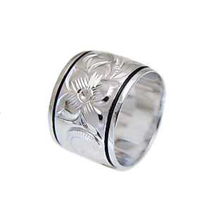 925 sterling silver Hawaiian plumeria scroll black enamel border 15mm ring size 13