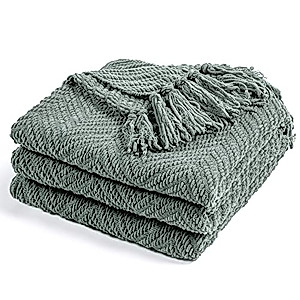 RECYCO Chenille Knit Throw Blanket for Couch, Versatile Decorative Woven Knit Chenille Blanket for Bed, Super Soft Warm & Cozy Knitted Throw Blanket with Tassels for Sofa, Chair. Sage Green, 50"x60"