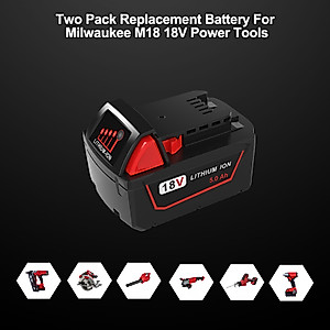 2 Pack 5.0Ah Replacement for Milwaukee M18 Lithium ion Battery 48-11-1850 and Charger Combo, Compatible with Milwaukee M18 Cordless Power Tools 18V Lithium Battery, and Milwaukee 18V Battery Charger