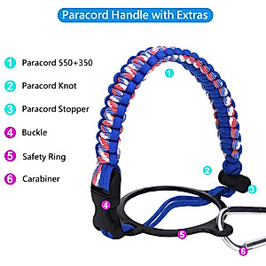 Wongeto Paracord Handle with Shoulder Strap,Compatible with Hydro Flask Wide Mouth Water Bottles 12oz - 64 oz（Not for The New Hydro Flask 2.0,Bottle Strap for Walking Hiking Camping(Blue&Red&White)
