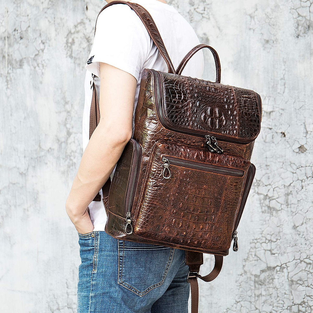 Premium Leather 14 Inch Laptop Backpack Large Capacity Daypack for Travel Hiking Camping, Crocodile Embossed Black