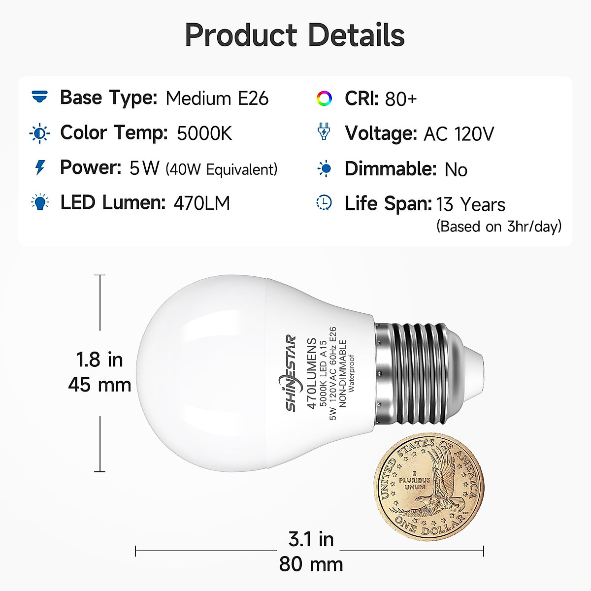 SHINESTAR 2-Pack Refrigerator Light Bulb, 5 Watt (40W Equivalent), Waterproof A15 LED Bulb, Non-dimmable Appliance Bulbs with E26 Base, 5000K Daylight