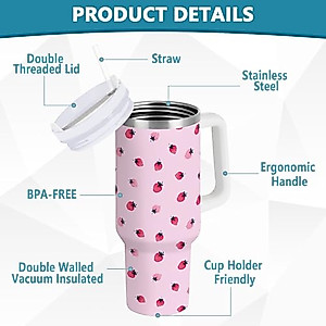 ARGTILDN 40 oz Tumbler Sweet Strawberry Fruit Insulated Travel Mug with Handle and Straw Lid Stainless Steel Vacuum Coffee Cup Tea Beverage Container Water Bottles for Car Sports office