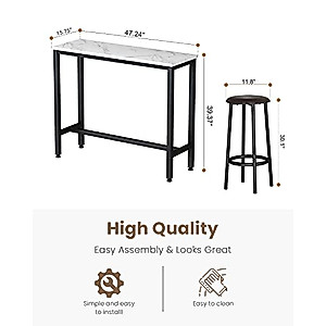 Recaceik Dining Table Set, 47.2” Rectangle Pub Dining Set Kitchen Table Set Bar Table with Stools, 3-Piece Breakfast Table Set with Metal Frame for Kitchen Dining Room w/ 2 Chairs - White