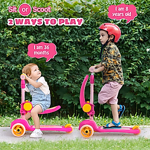 INFANS 3 Wheel Scooter for Kids, 2 in 1 Learn to Steer Kick Scooters with Removable Seat, LED Flashing Wheels, Adjustable Height, Wide Deck, Outdoor Activities Toy Gift for Girls Boys Ages 3-8 (Pink)