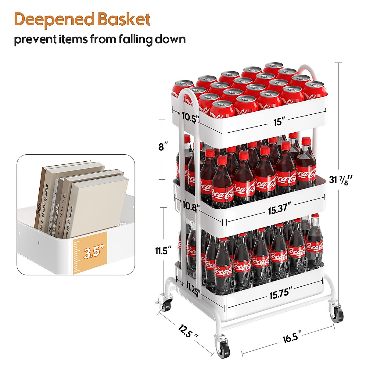 Ceayell 3-Tier Metal Rolling Storage Cart Heavy Duty Utility Cart Organizer with Lockable Wheels