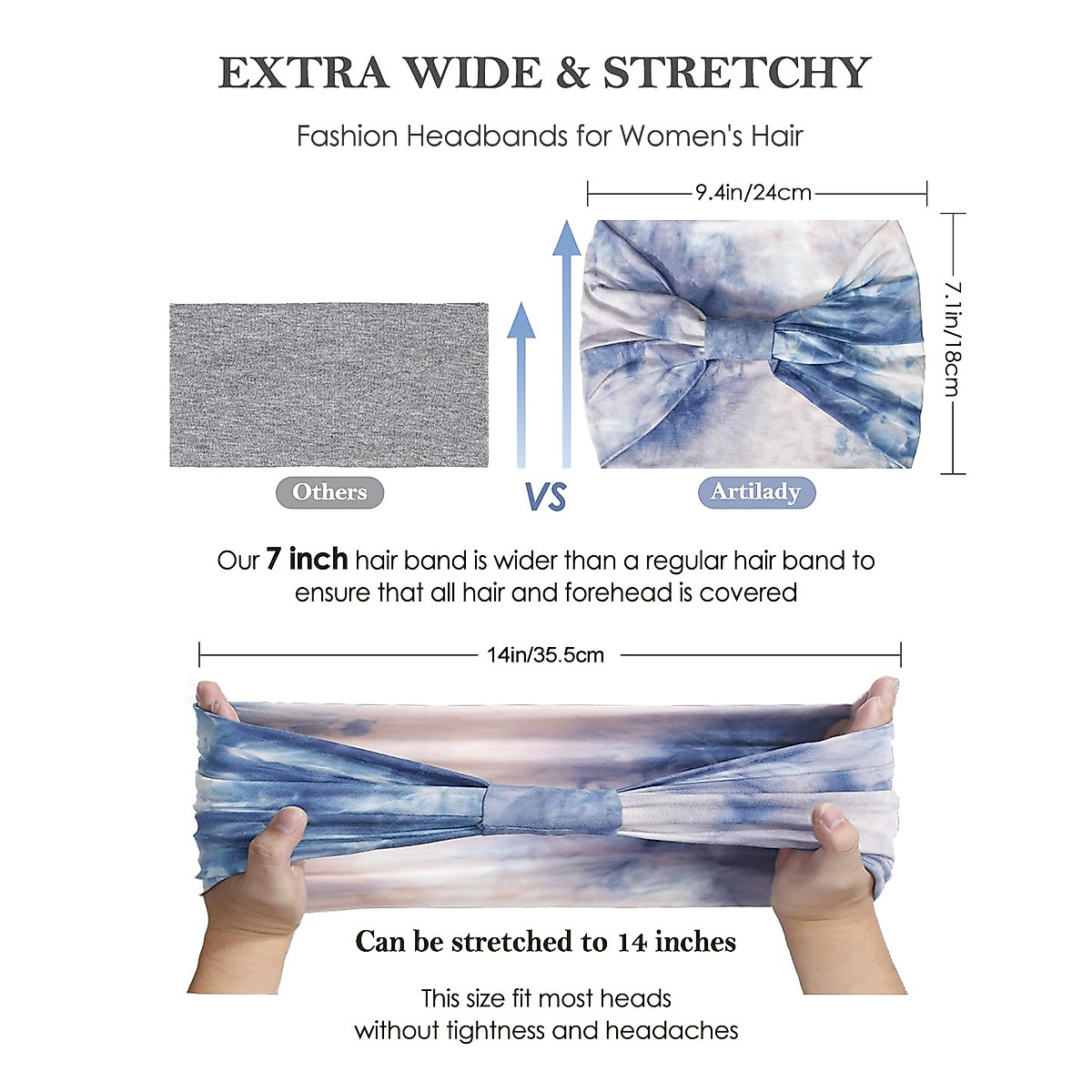 Artilady 7'' Wide Headbands for Women Tie Dye - Large Soft Cloth Headwrap Elastic Stretchy Head Bands Boho Turban Hair Bands Non Slip Hair Accessories 6 PCS