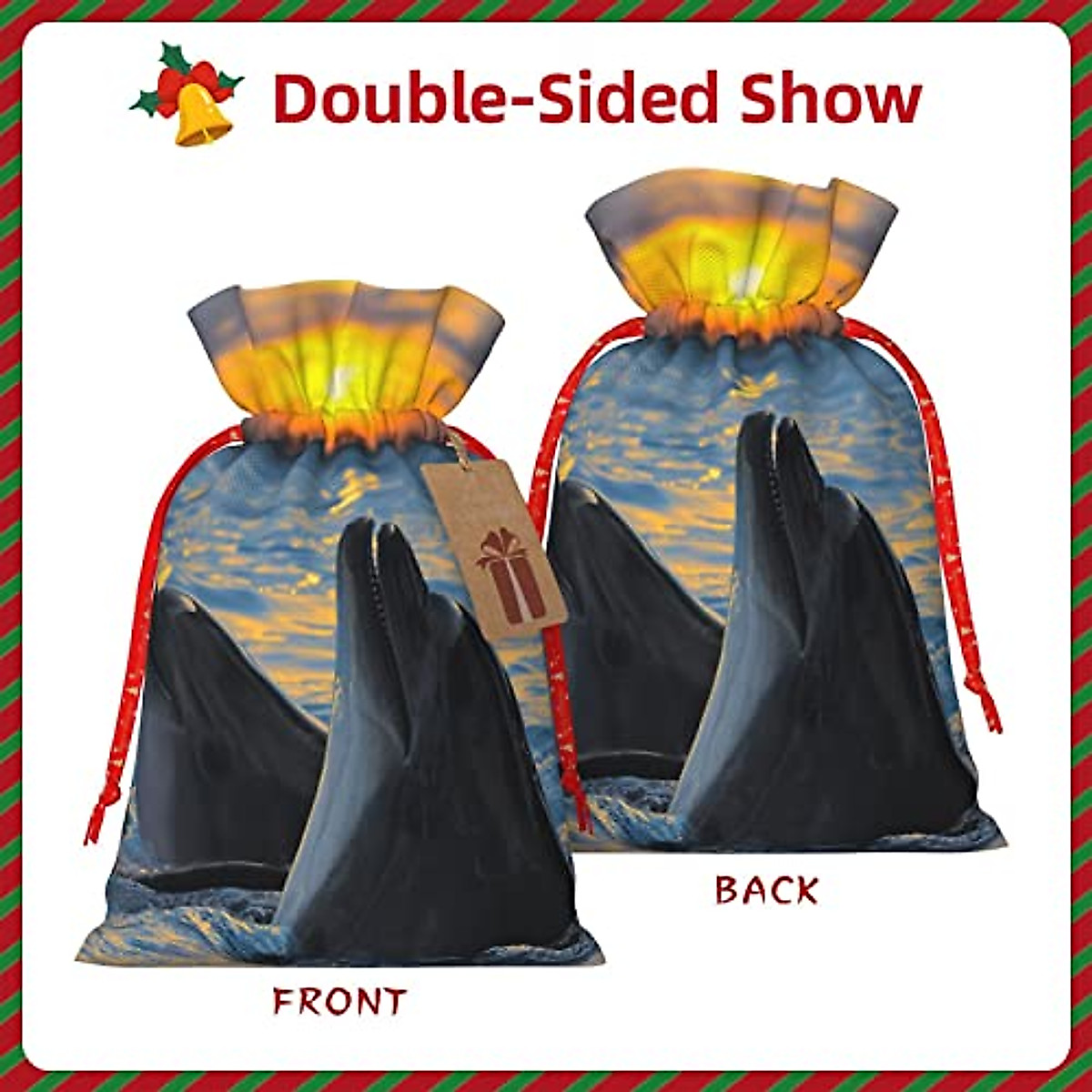 Drawstrings Christmas Gift Bags Bottle-Nosed-Dolphins-Sunset-Light Presents Wrapping Bags Xmas Gift Wrapping Sacks Pouches Medium