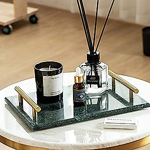 StonePlus Natural Real Marble Tray, Catchall Key Perfume Tray, Serving Tray with Handles for Living Dining Room (Drak Green,11.8Lx7.87W)