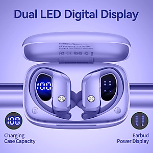 bmani Wireless Earbuds Bluetooth Headphones 48hrs Play Back Sport Earphones with LED Display Over-Ear Buds with Earhooks Built-in Mic Headset for Workout Purple