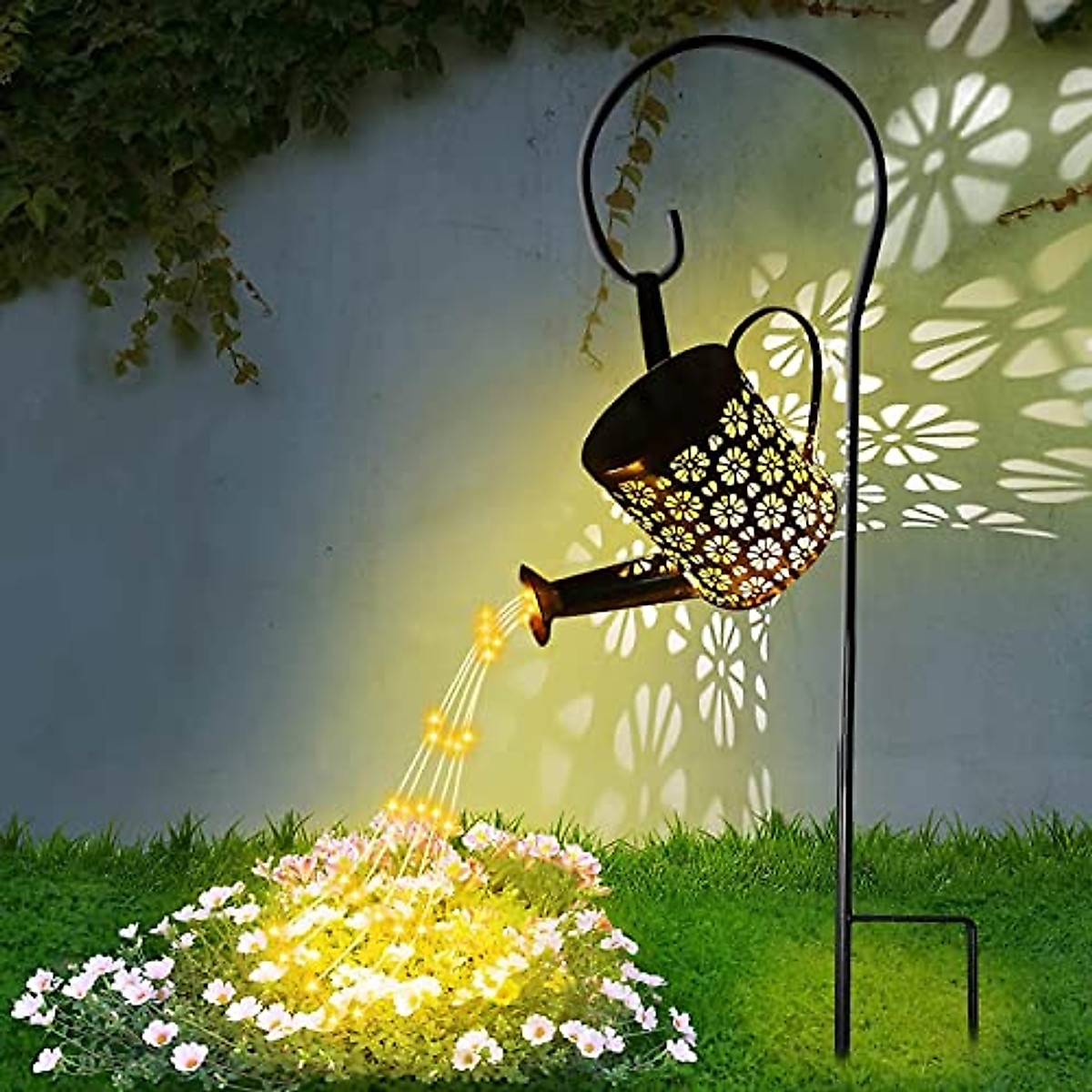 Solar Watering Can Lights Outdoor, Fairy Garden Lights, Hanging Solar Lights Metal Waterproof for Table, Patio, Yard Pathway, Outdoor Decorations with Hollow-Out Flower Design (with Hook and Stand)