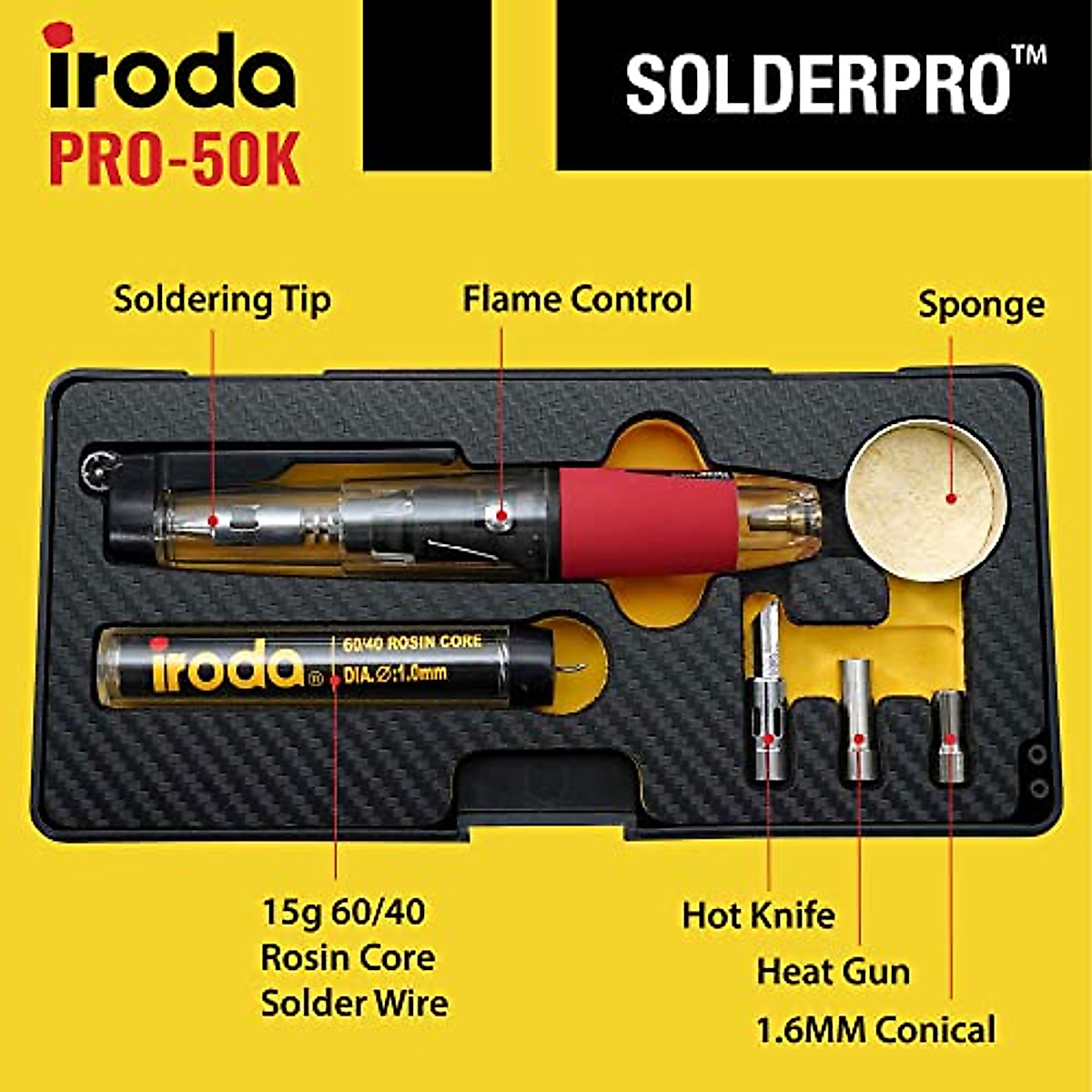 IRODA SOLDERPRO 50K Butane Soldering Kit | 4-in-1 30-70W Heat Gun Blower, Mini Torch Portable Butane Soldering Iron Kit, Rapid Heat Up, (Taiwan) No Butane Included