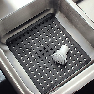 iDesign 36660 Euro Plastic Sink Grid, Non-Skid Dish Protector for Kitchen, Bathroom, Basement, Garage, 12.5" x 11" - Black