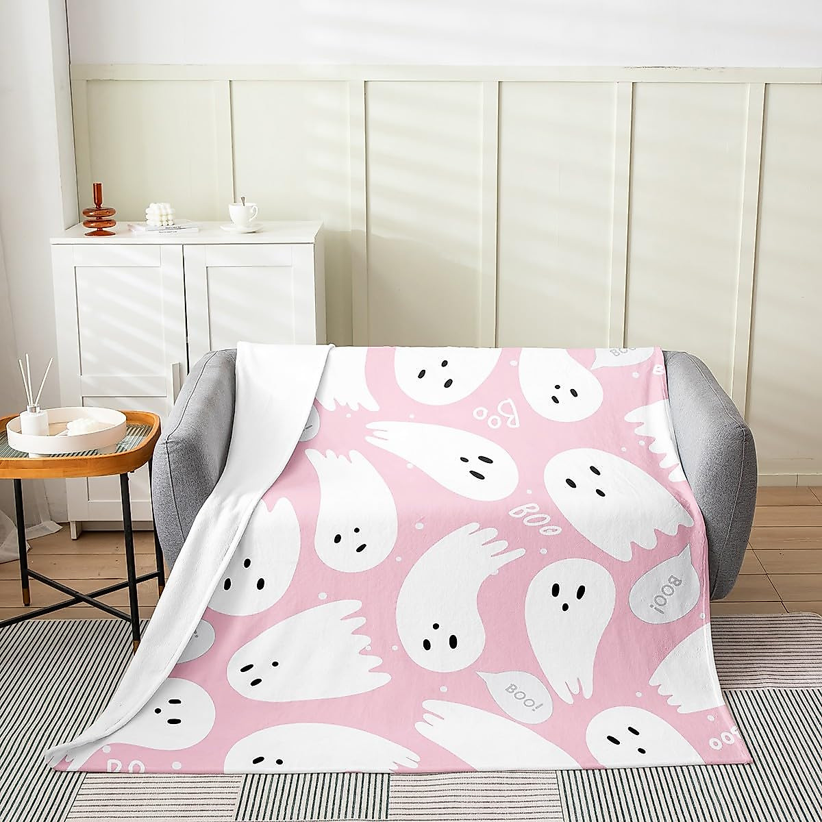 jejeloiu Pink Halloween Fuzzy Blanket Throw 50"x60" Cartoon Ghost Flannel Fleece Throw Blanket for Sofa Couch Kids Kawaii Cute All Season Bed Blanket Pink Plush Blanket