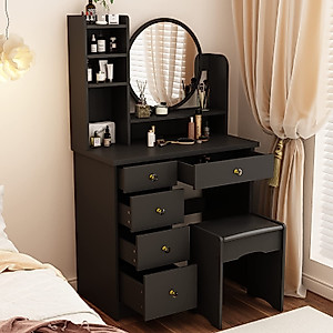 ECACAD Vanity Desk Set with Round Mirror, Makeup Dressing Table with 5 Drawers, Storage Shelves & Cushioned Stool for Bedroom, Black