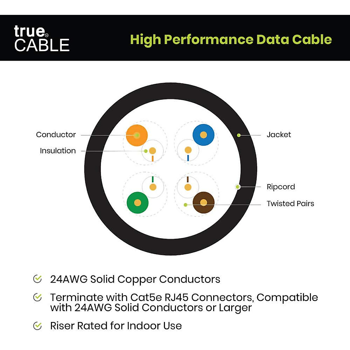 trueCABLE Cat5e Riser (CMR), 1000ft, Blue, 24AWG 4 Pair Solid Bare Copper, 350MHz, PoE++ (4PPoE), ETL Listed, Unshielded Twisted Pair (UTP), Bulk Ethernet Cable