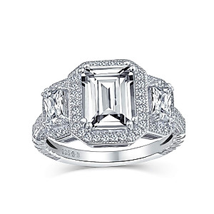 Personalize Estate Vintage Art Deco Style 3CT AAA CZ Halo Rectangle Emerald Cut Statement Engagement Ring For Women CZ Baguette Side Stones .925 Sterling Silver Custom Engraved