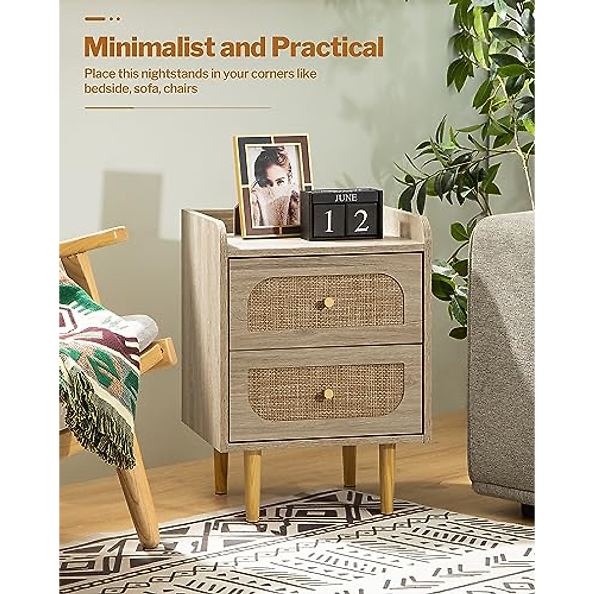 Rattan Nightstand Set of 2 with Drawers - Boho Bedside Table with Storage - Night Stand with Solid Wood Feet - Small Side Table End Table for Bedroom