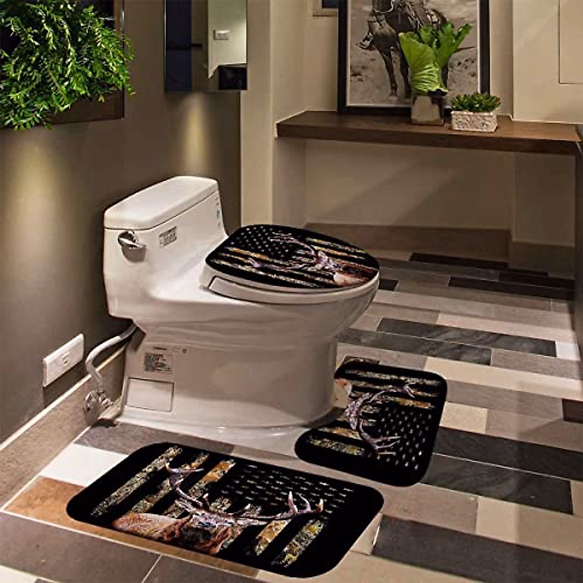 SKAILIÉ 4PCS Deer Shower Curtain Set, Camo Camouflage Black American Flag Moose Elk Woodland Animal Hunting Lodge Cabin Country Rustic Farmhouse Bathroom Decor Fabric Shower Curtain, Non-slip Bath Mat