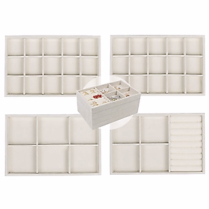 Set of 4 Stackable Jewelry Trays Organizer, Velvet Earring Organizer, Jewelry Organizer Showcase Display Drawer Organizer Storage, Earring Holder Necklace Bracelet Ring Accessary Organizers (Beige)