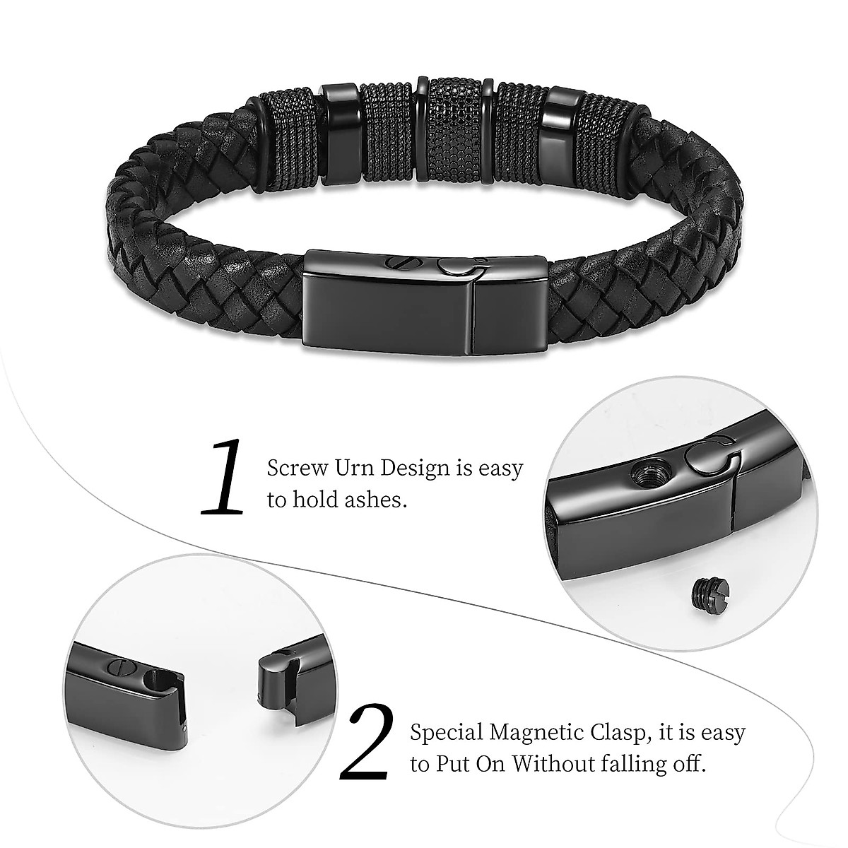 shajwo Cremation Urn Bracelet for Ashes Jewelry for Women Men Memorial Keepsake Cuff Bangle Leather Bracelet,Black 22cm