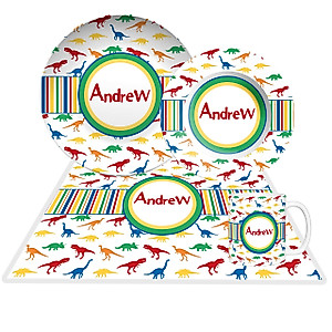 Kids Personalized Plate Set - Dinosaur - Personalized Dinnerware Set, Dinosaur Personalized Plate, Bowl, Placemat, Mug, Platter - Choose Your Pieces