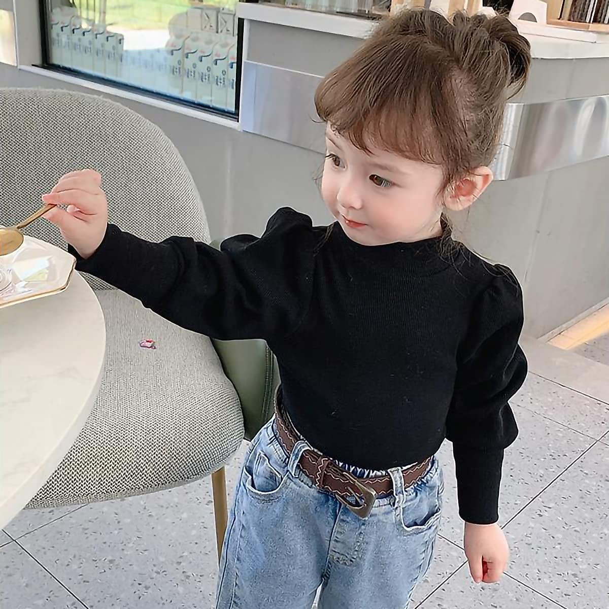Kid Toddler Baby Girl Basic Solid Turtleneck T-Shirt Blouse Top Puff Long Sleeve Pullover Fall Winter Clothes (Black, 7-8 Years)