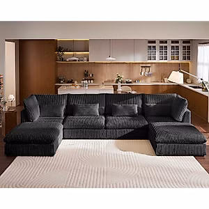 Cloud Oversized Modular Sofa, 160" Corduroy Wide Seat Sectional with Reversible Chaise, Shaped Couches Modern Comfy Fluffy Cushion Sleeper Sofa Bed with Convertible Ottoman for Living Room 6 Seater