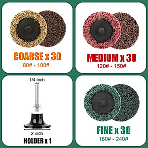 90pcs 2 inch Quick Change Sanding Discs, SUNJOYCO Nylon Surface Conditioning Discs, 1/4" Roll Lock Holder Die Grinder Sanding Disc for Surface Strip Grind Polish Burr Finish-Fine Medium Coarse