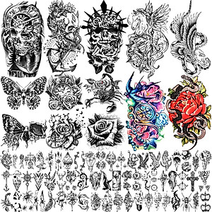 SOOVSY 70 Sheets Temporary Tattoos Adult, Snake Half Sleeve Tattoos for Men, Flower Fake Tattoos, Long Lasting Skull Tattoos Temporary Realistic with Eagle Insect for Women Girls