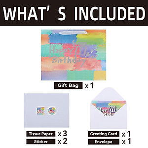 13" Large Colorful Gift Bag Set with Greeting Card and Tissue Papers (Laser Foil 'Happy Birthday’) for Women's or Men's Birthday Party, Boys', Girls', or Kids' Parties, Baby Shower - 13”x5.2”x10.2”, 1 Pcs.