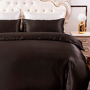 Vagasi Black Duvet Cover Set Queen Size 3 Pieces - Comforter Cover Super Soft with 2 Pillow Shams - Satin Bedding Set Breathable & Smooth with Zipper Closure
