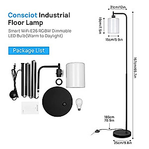 Consciot Industrial Floor Lamp, with White Jade Glass Shade, Smart WiFi E26 RGBW Dimmable LED Bulb(Warm to Daylight), Foot Switch/APP Control, Metal Standing Lamp for Living Room Bedroom Home Office