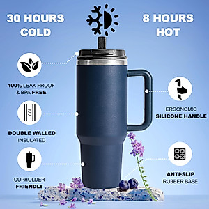 Klickpick Home 40 Ounce Stainless Steel Vaccum Insulated Thermal Tumbler With Handle Lid 2 straws, Reusable Travel Coffee Mug Cup Cupholder friendly, Keeps cold for 30 H, 100% Leakproof (Navy Blue)