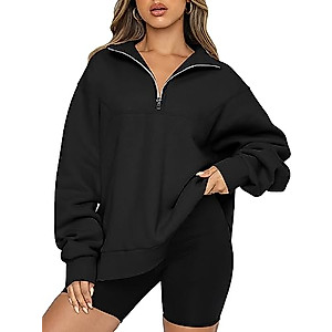 Caracilia Women Oversized Sweatshirt Quarter Zipper Fleece Pullover Hoodies Half Zip Y2K Clothes Collar Sweater Long Sleeve Trendy Fall Top Cute Gym Clothes for Women C113A7-heise-M Black