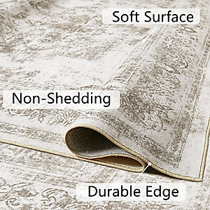 PureCozy Vintage Area Rug 8x10 Indoor Bedroom Rug Taupe Medallion Washable Living Room Carpet Retro Accent Throw Rug Distressed Rug for Office Dining Room Nursery