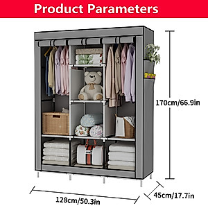 UDEAR Portable Wardrobe Closet Clothes Organizer No-Woven Fabric Cover with 6 Storage Shelves, 2 Hanging Sections and 4 Side Pockets，Grey