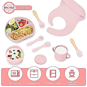 Silicone Baby Feeding Set - REIKTLUD Baby Led Weaning Supplies - Silicone Suction Bowls Divided Plates, Sippy and Snack Cup - Toddler Self Feeding Eating Utensils Set with Bib, Spoons, Fork (Pink)