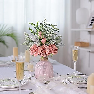 Artificial Flowers with Ceramic Vase,Faux Silk Roses and Fake Plant Eucalyptus in Vase for centerpiece table decorations, living room,dining table,fireplace,office,farmhouse,home decor(Dusty Pink)