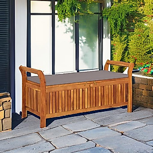 vidaXL Solid Acacia Wood Patio Storage Bench with Cushion - Comfortable Seating - Durable & Robust - Brown Gray - Stylish Garden Furniture