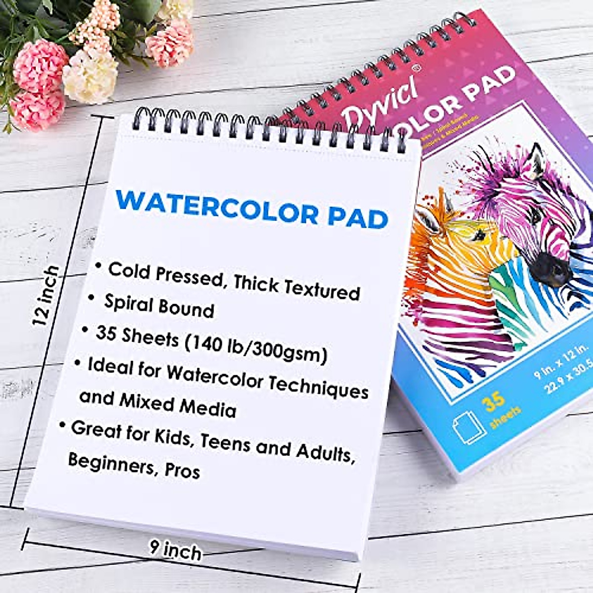 Dyvicl Watercolor Paper Pad 9"x12", Pack of 2, 35 Sheets Each(140 lb/300gsm), Cold Press, Spiral Watercolor Sketchbook for Painting, Drawing, Mixed Media, Acrylic, Art Paper for Kids Adults and Students